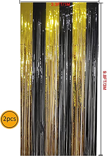 2 Pack 3.3ft x 9.8ft Metallic Fringe Curtains Door Foil Curtains Metallic Curtains Halloween Christmas Party Decoration Tinsel Curtains for Photo Backdrop Party Decorations (Black Gold-2)