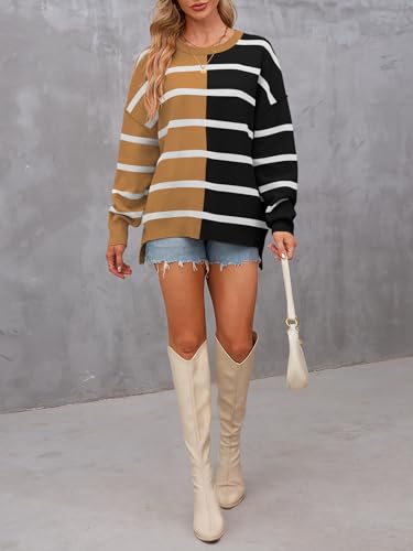 MEROKEETY Women's Fall Striped Oversized Pullover Sweaters 2024 Long Sleeve Color Block Casual Knit Tops, Brown, Large