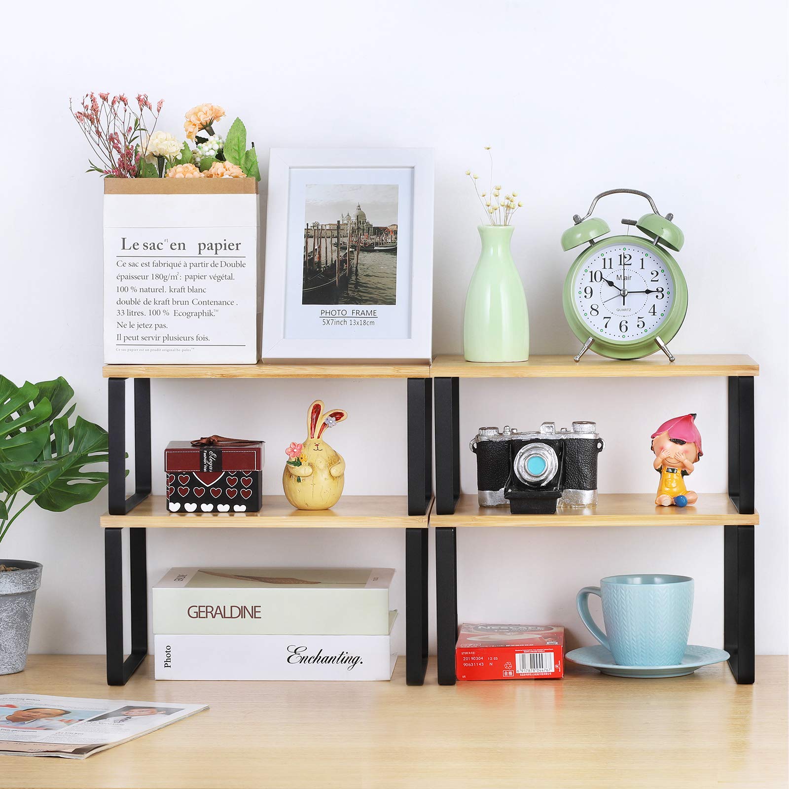 NEX Bamboo Kitchen Cabinet and Counter Shelf Organizer, Stackable & Expandable, Set of 4, Black and Natural