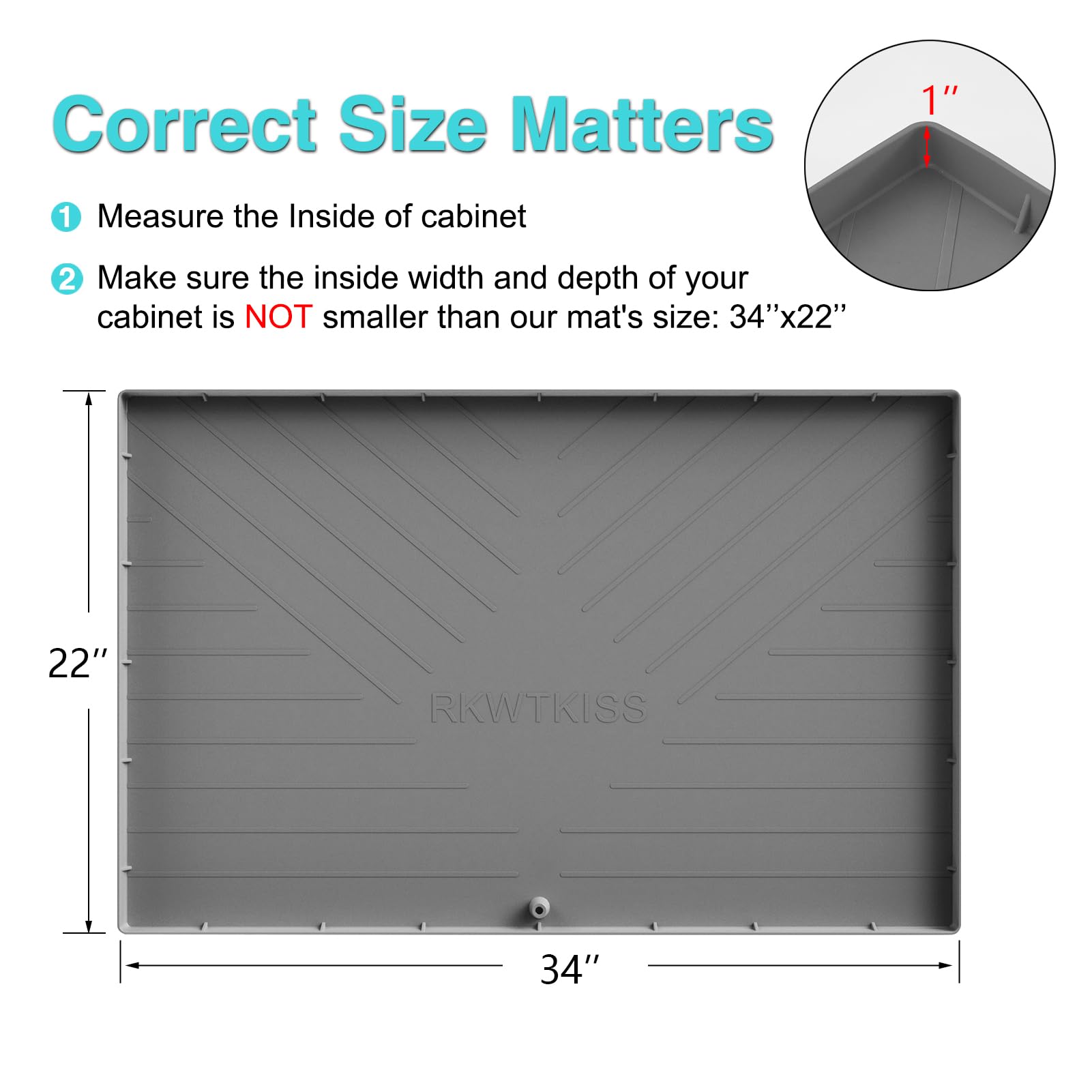 Under Sink Mat, 34"x22" Silicone Under Sink Mats for Kitchen Waterproof, Cabinet Drip Tray, Bottom of Kitchen Under The Sink Mat, Liner Protector with 1" Lip Drain Hole for Leak