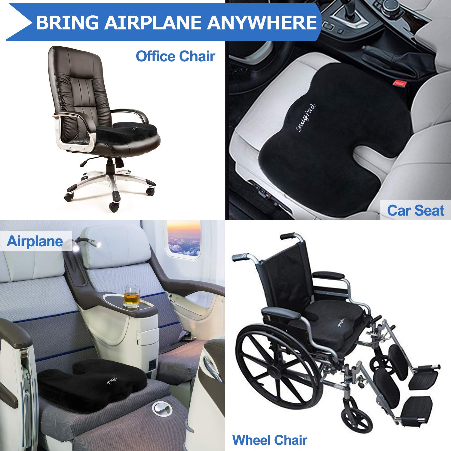 SnugPad Upgraded Memory Foam Seat Cushion, for Sciatica, Back, Hip, and Tailbone Pain Relief, Firm Comfortable, Support for Office Chair, Wheelchair,Car. Nonslip Orthopedic Memory Foam Coccyx Cushion