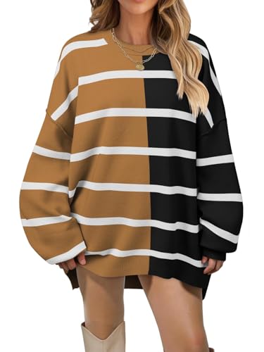 MEROKEETY Women's Fall Striped Oversized Pullover Sweaters 2024 Long Sleeve Color Block Casual Knit Tops, Brown, Large