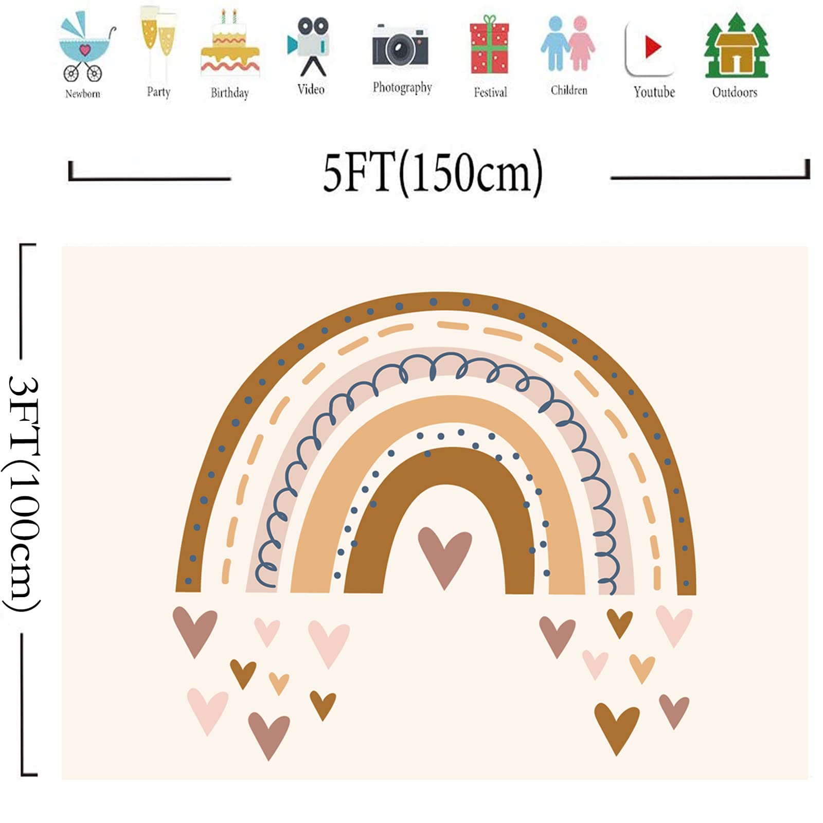 Batt Boho Rainbow Backdrop 1st Birthday for Kids Theme Baby Shower Neutral Gender Reveal Banner Background Photography Happy (5x3ft)