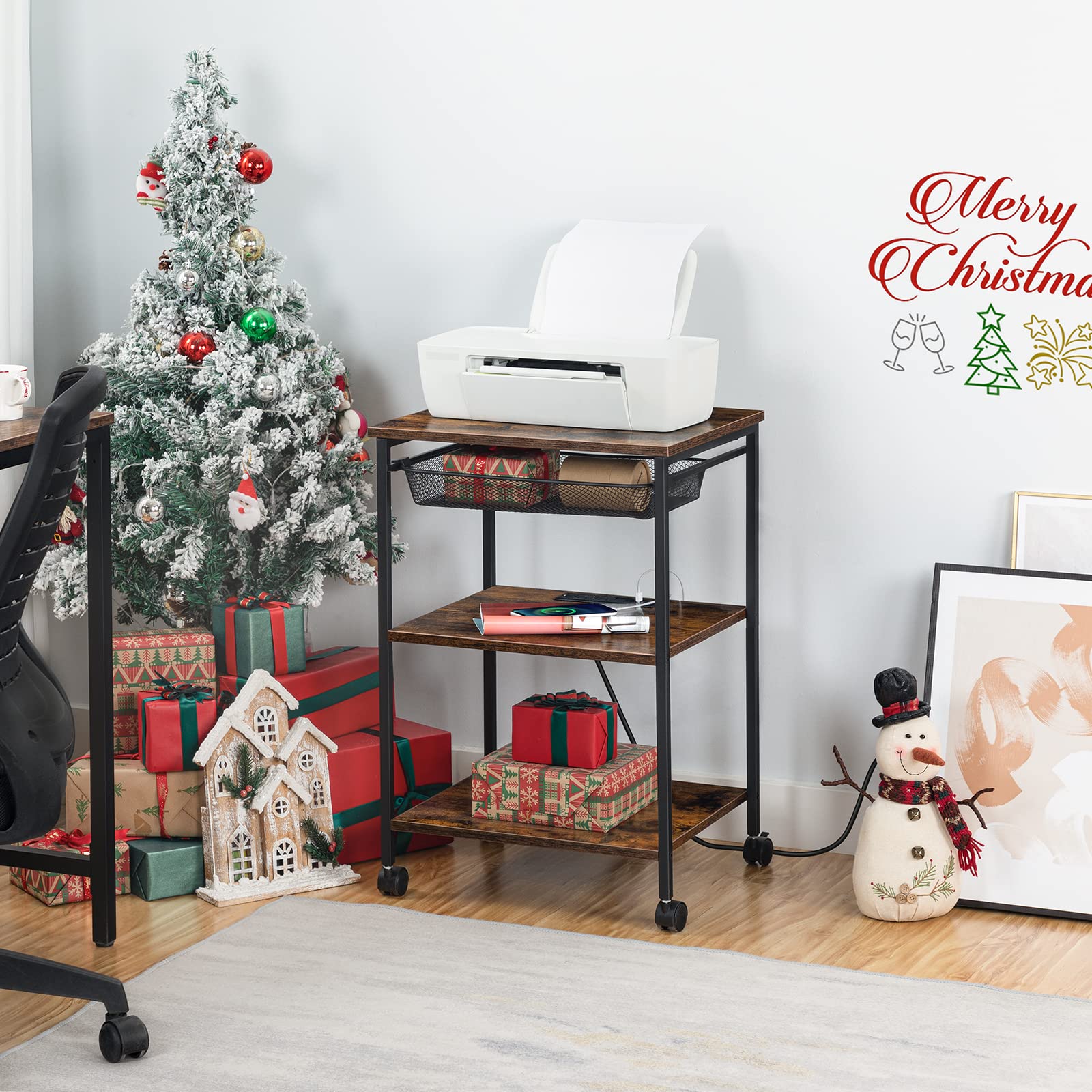 HOOBRO Printer Stand, 3 Tier Printer Cart with power outlet and USB Port, Industrial Printer Table Rolling Cart with Storage Drawer on Wheels, for Home Office, Rustic Brown and Black BF23UPS01