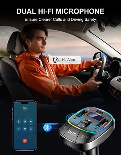 RIWUSI Bluetooth Car Adapter, [PD 30W+QC 3.0] [Stronger Dual Mic & Bass Boost] Bluetooth 5.0 FM Transmitter for Car, Hands-Free Music Player/Car Kit with Stunning 8 Colors Backlit & U Disk