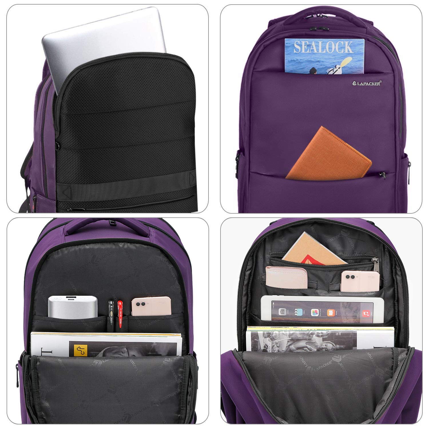 LAPACKER 15.6-17 inch Business Laptop Backpacks for Women Mens, Water Resistant Laptop Travel Bag with USB Charging Port, Lightweight College Students Notebook Computer Backpack - Purple