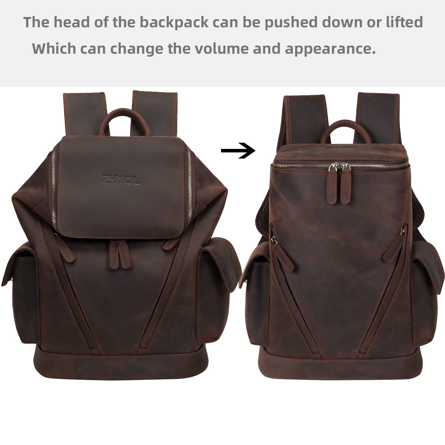 ZHYOL Genuine Leather Backpack for Men, 14'' Laptop Backpack Vintage Full Grain Leather School College Bookbag Large Capacity Business Office Work Bag Casual Travel Hiking Weekend Shoulder Daypack