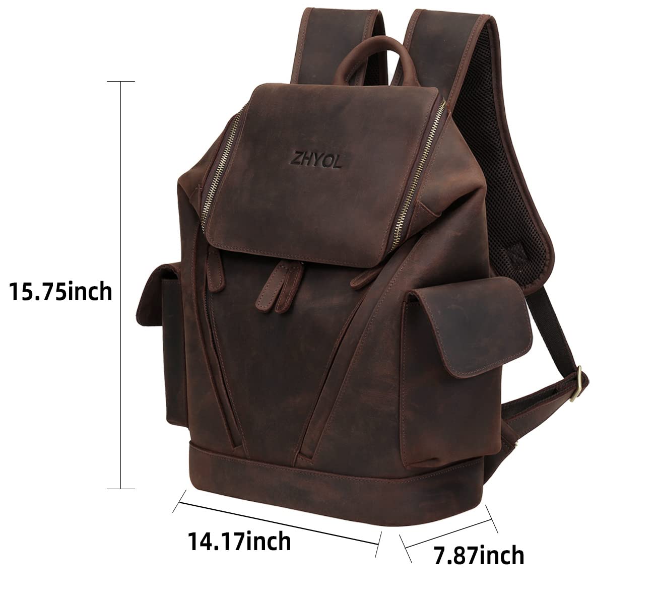 ZHYOL Genuine Leather Backpack for Men, 14'' Laptop Backpack Vintage Full Grain Leather School College Bookbag Large Capacity Business Office Work Bag Casual Travel Hiking Weekend Shoulder Daypack