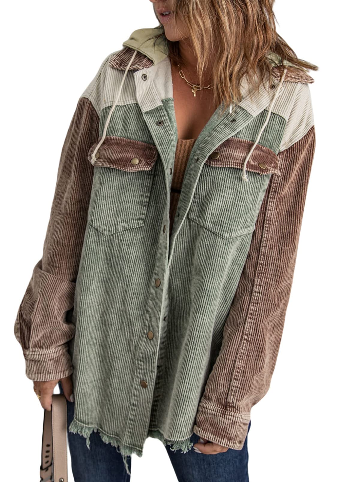 Dokotoo Womens Ladies Corduroy Jackets Long Sleeve Flannel Shirts Button Down Coats Contrast Color Block Oversized Hooded Winter Fall 2024 Shacket Jackets with Pockets Green Medium