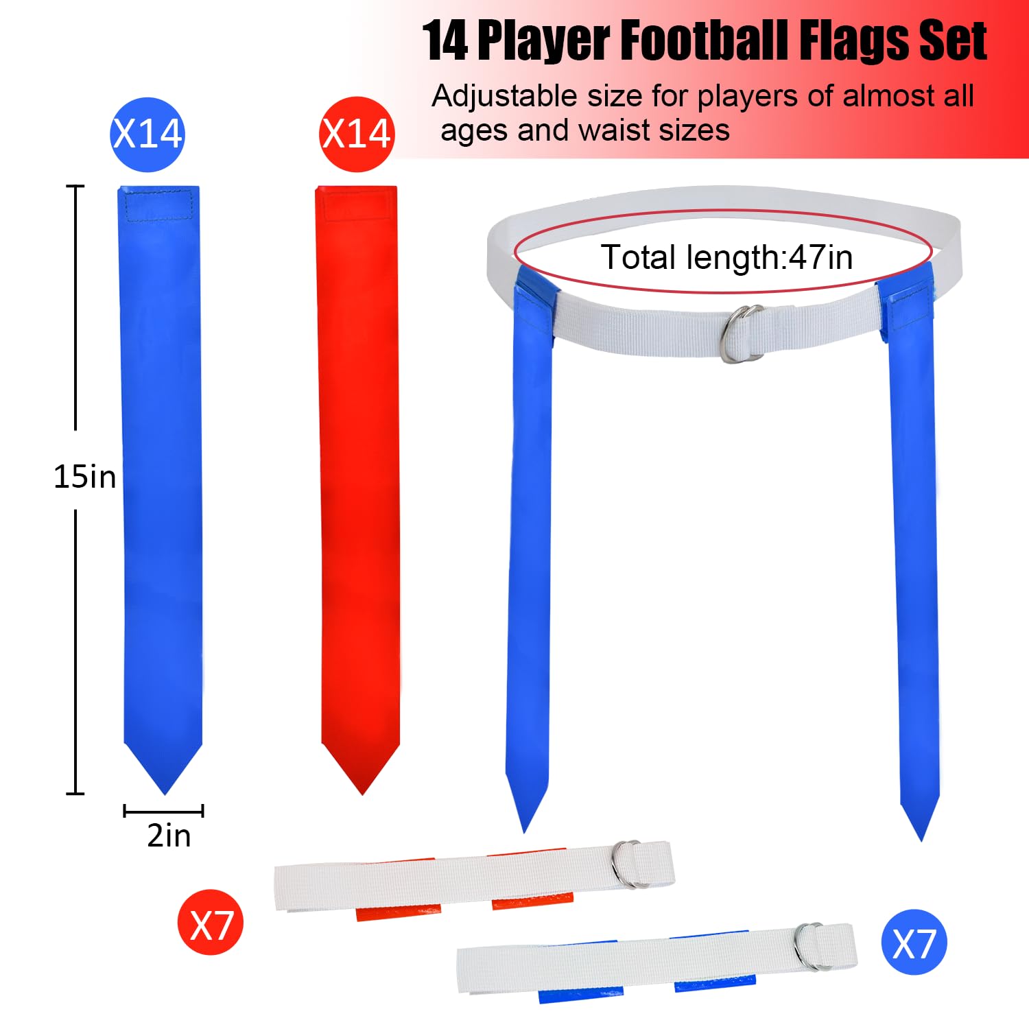 Flag Football Set, 14 Player Football Flags and Belts Set, Includes 14 Belts, 28 Football Flags, 4 Cones, 8 Disc Cones (14 Players)