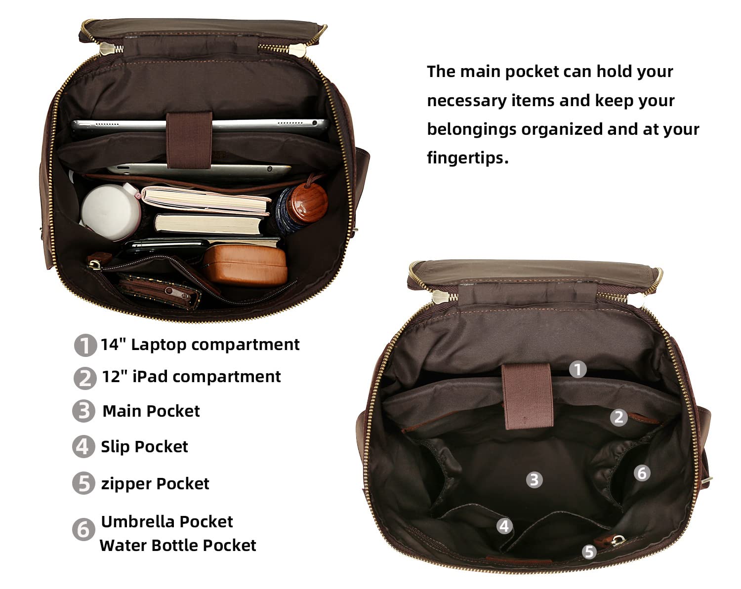 ZHYOL Genuine Leather Backpack for Men, 14'' Laptop Backpack Vintage Full Grain Leather School College Bookbag Large Capacity Business Office Work Bag Casual Travel Hiking Weekend Shoulder Daypack