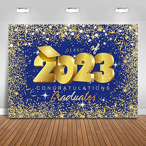 Mocsicka Class of 2023 Backdrop 7x5ft Royal Blue and Gold Glitter Congrats Grad Party Photo Backdrops Graduation Party Photography Studio Background
