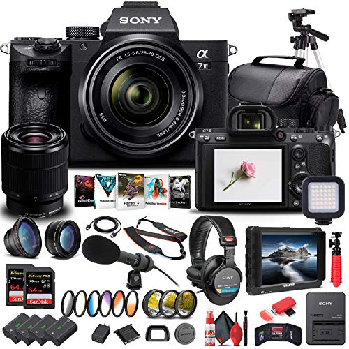 Sony Alpha a7 III Mirrorless Digital Camera with 28-70mm Lens (ILCE7M3K/B) + 4K Monitor + Headphones + Pro Mic + 2 x 64GB Memory Card + 3 x NP-FZ-100 Battery + Corel Photo Software + More (Renewed)
