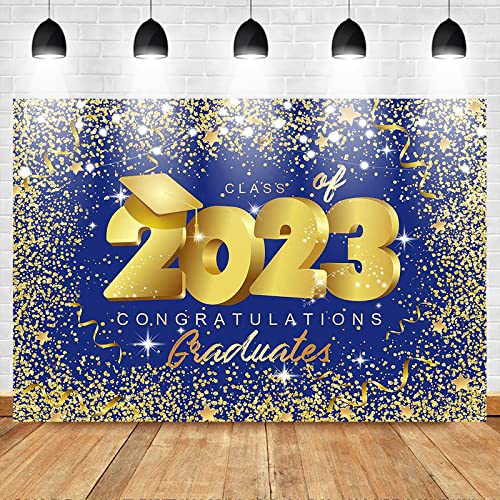 Mocsicka Class of 2023 Backdrop 7x5ft Royal Blue and Gold Glitter Congrats Grad Party Photo Backdrops Graduation Party Photography Studio Background