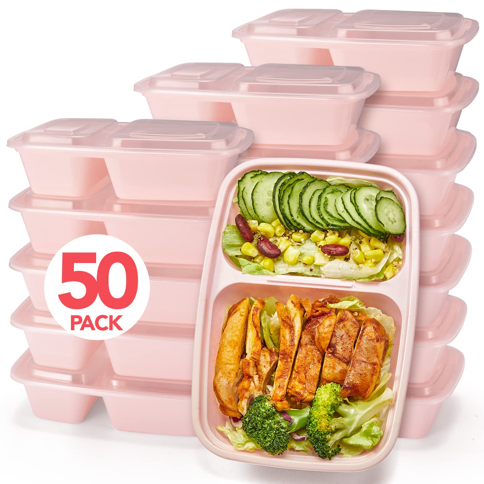 Glotoch 50 Pack Pink Meal Prep Container 2 Compartments, Microwavable To Go Containers, BPA-Free Food Prep Containers- Take Out Food Containers For Salad/Lunch- Freezer&Dishwasher Safe, Stacable