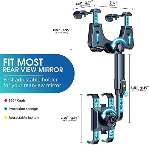2022 New Version-Car Phone Holder Mount, Rearview Mirror Phone Holder for Car, 360°Rotatable and Retractable Car Phone Holder, Multifunctional Phone Mount for Car, for All Mobile Phones