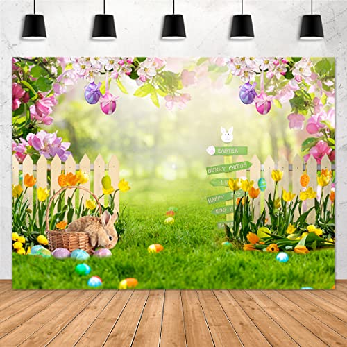 Aperturee Spring Easter Garden Photography Backdrop 7x5ft Bokeh Rabbit Bunny Colorful Eggs Fence Grass Pink and Purple Floral Butterfly Background Party Decoration Kids Children Props Photo Booth