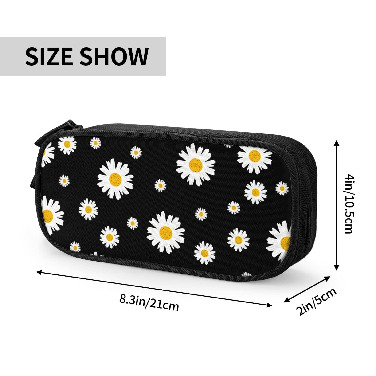 Gesey-R4T White Yellow Daisy Flower Black Pen Pencil Case Bag Big Capacity Multifunction Storage Pouch Organizer with Zipper Office University for Girls Boy