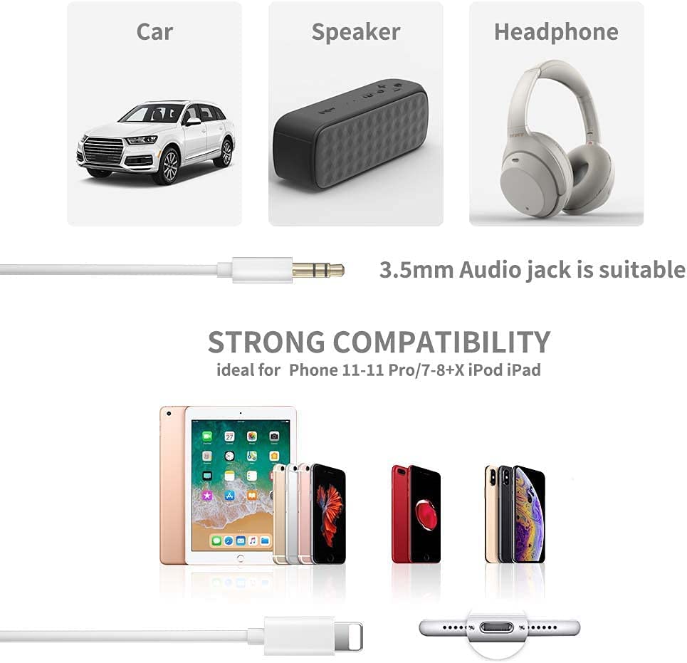 [Apple MFi Certified] Mixfly iPhone AUX Cord for Car Stereo, Lightning to 3.5mm AUX Audio Cable Compatible for iPhone 14/13/12/11/XS/X, Home Stereo/Headphone, Support All iOS Version - 3.3ft (White)