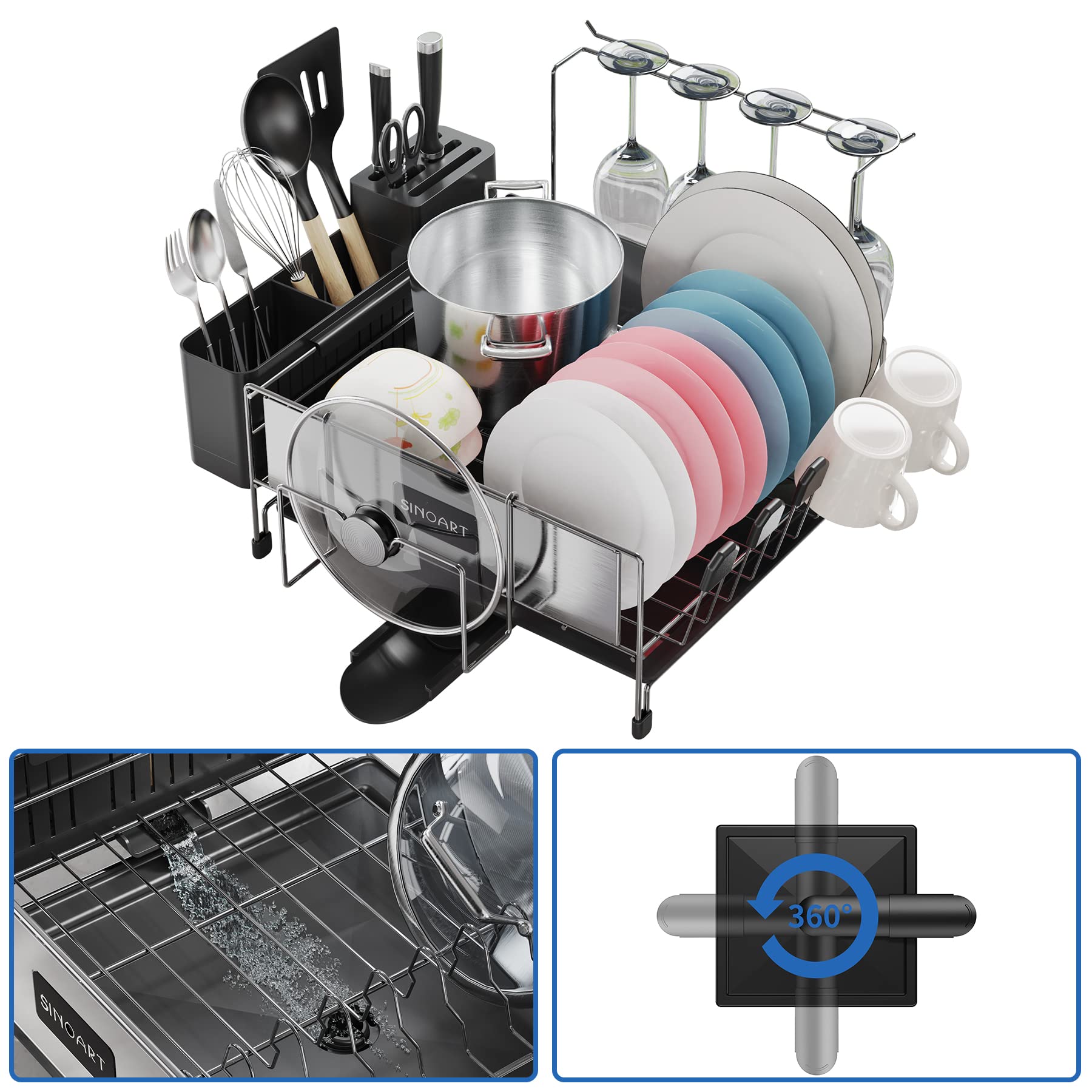 SINOART Kitchen Dish Drying Rack with Swivel Spout, Prevents Placement Scratches Stainless Steel Frame,Can Store Large Plates and Small Dishes, Large Knives and Small Knives, 2023 Model