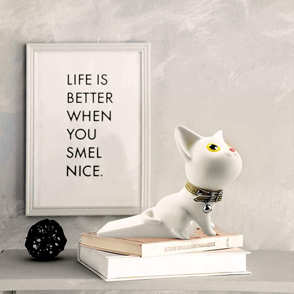 Bamboo's Grocery Cute Cat Door Stopper,Works on All Surfaces, Non Scratching, Strong Grip (White)