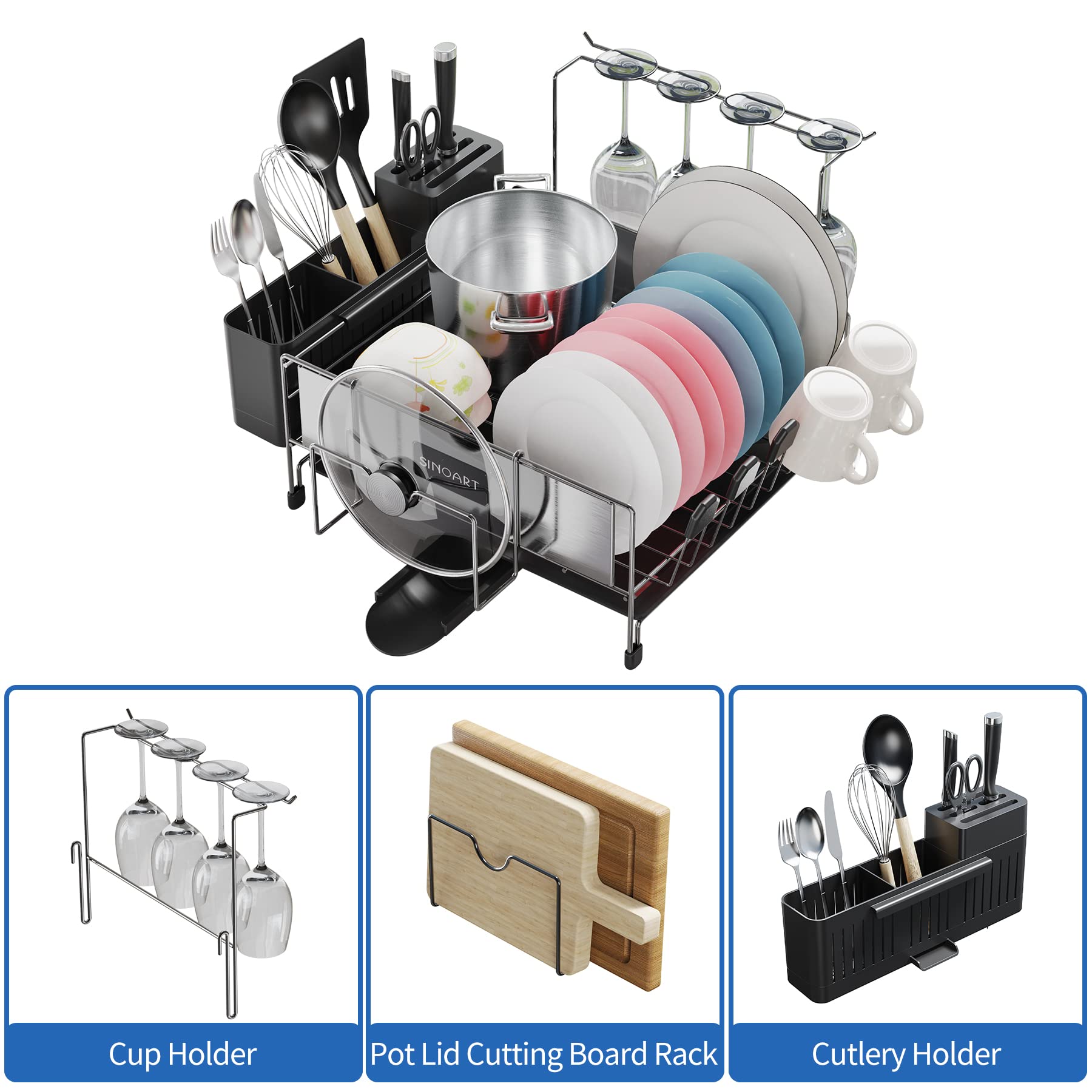 SINOART Kitchen Dish Drying Rack with Swivel Spout, Prevents Placement Scratches Stainless Steel Frame,Can Store Large Plates and Small Dishes, Large Knives and Small Knives, 2023 Model