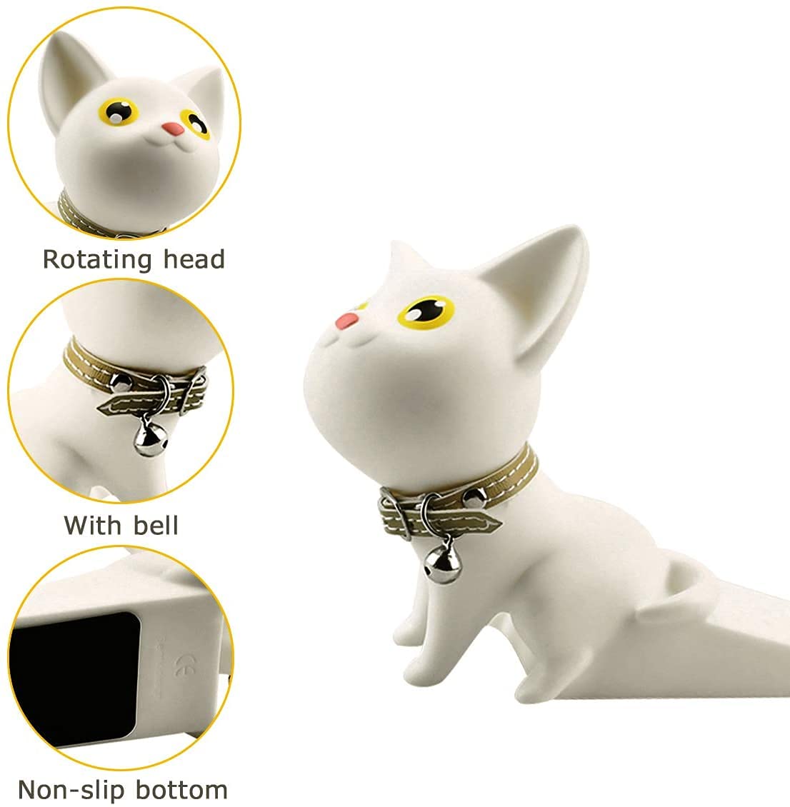 Bamboo's Grocery Cute Cat Door Stopper,Works on All Surfaces, Non Scratching, Strong Grip (White)