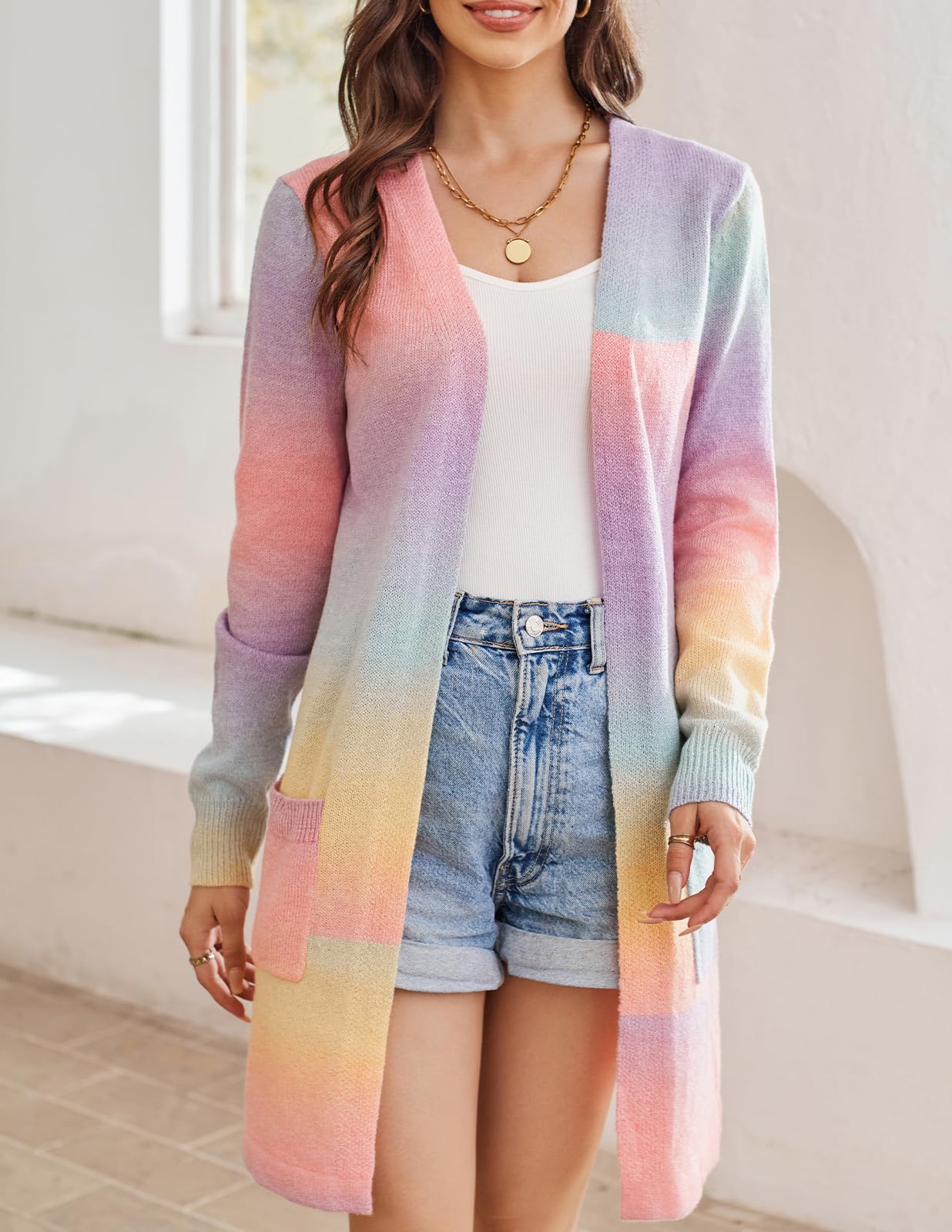 GRACE KARIN Womens Folklore Cardigan Color Block Sweaters(M,Gradient Yellow)