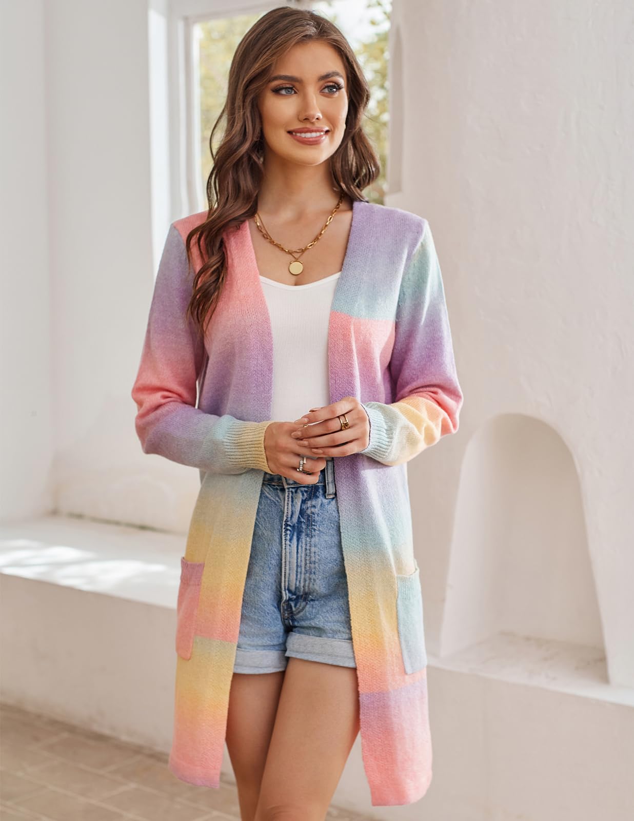 GRACE KARIN Womens Folklore Cardigan Color Block Sweaters(M,Gradient Yellow)