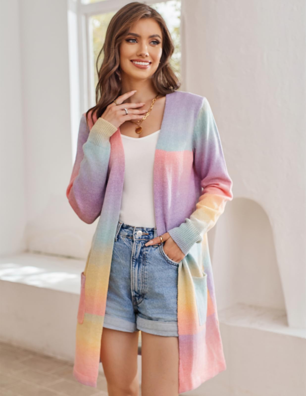 GRACE KARIN Womens Folklore Cardigan Color Block Sweaters(M,Gradient Yellow)