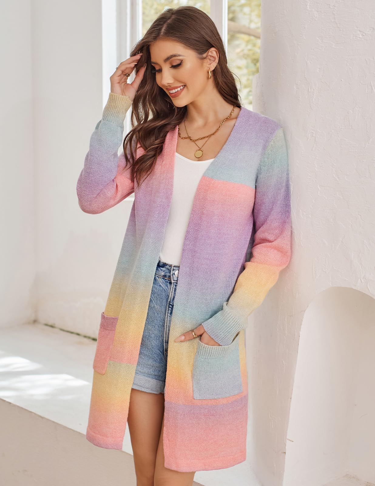 GRACE KARIN Womens Folklore Cardigan Color Block Sweaters(M,Gradient Yellow)
