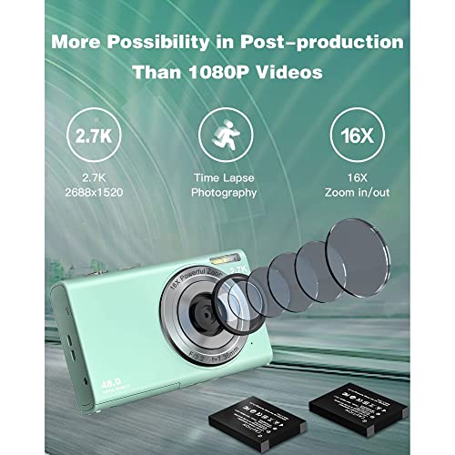 Digital Cameras for Photography Digital Camera Autofocus, 2.7K 48MP Teenager Camera with 2.8" Large Screen, 16X Zoom and 32GB Card, Compact Camera Take Macro Photos, Stylish Portable Camera for Teens