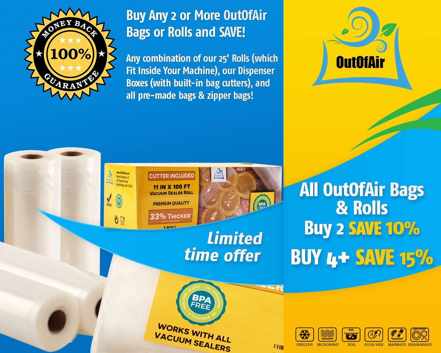 11" x 25' Rolls (Fits Inside Machine) - 4 Pack (100 feet total) OutOfAir Vacuum Sealer Rolls. Works with FoodSaver Vacuum Sealers. 33% Thicker, BPA Free, Sous Vide, Commercial Grade