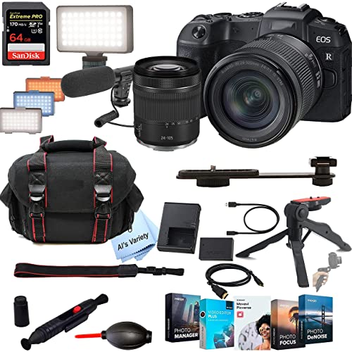 Als Variety EOS RP Mirrorless Digital Camera with RF 24-105mm f/4-7.1 STM Lens Bundle + 1 Shot-Gun Microphone + LED Always on Light+ 64GB Extreme Speed Card, Gripod, Case, and More (26pc Video Bundle)