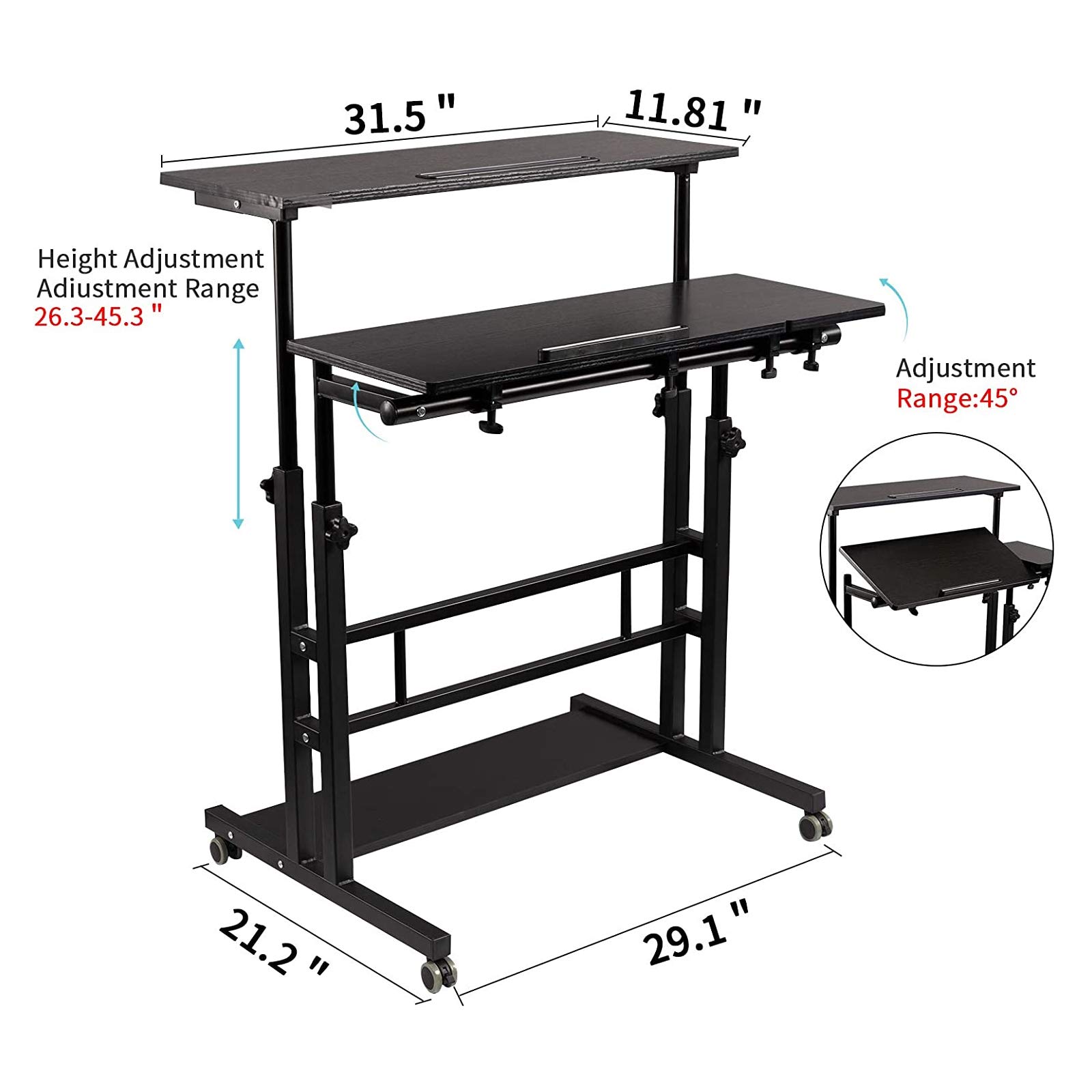Hadulcet Mobile Standing Desk, Rolling Table Adjustable Computer Desk, Stand Up Laptop Desk Mobile Workstation for Home Office Classroom with Wheels, 31.49 x 23.6 in Light Grey