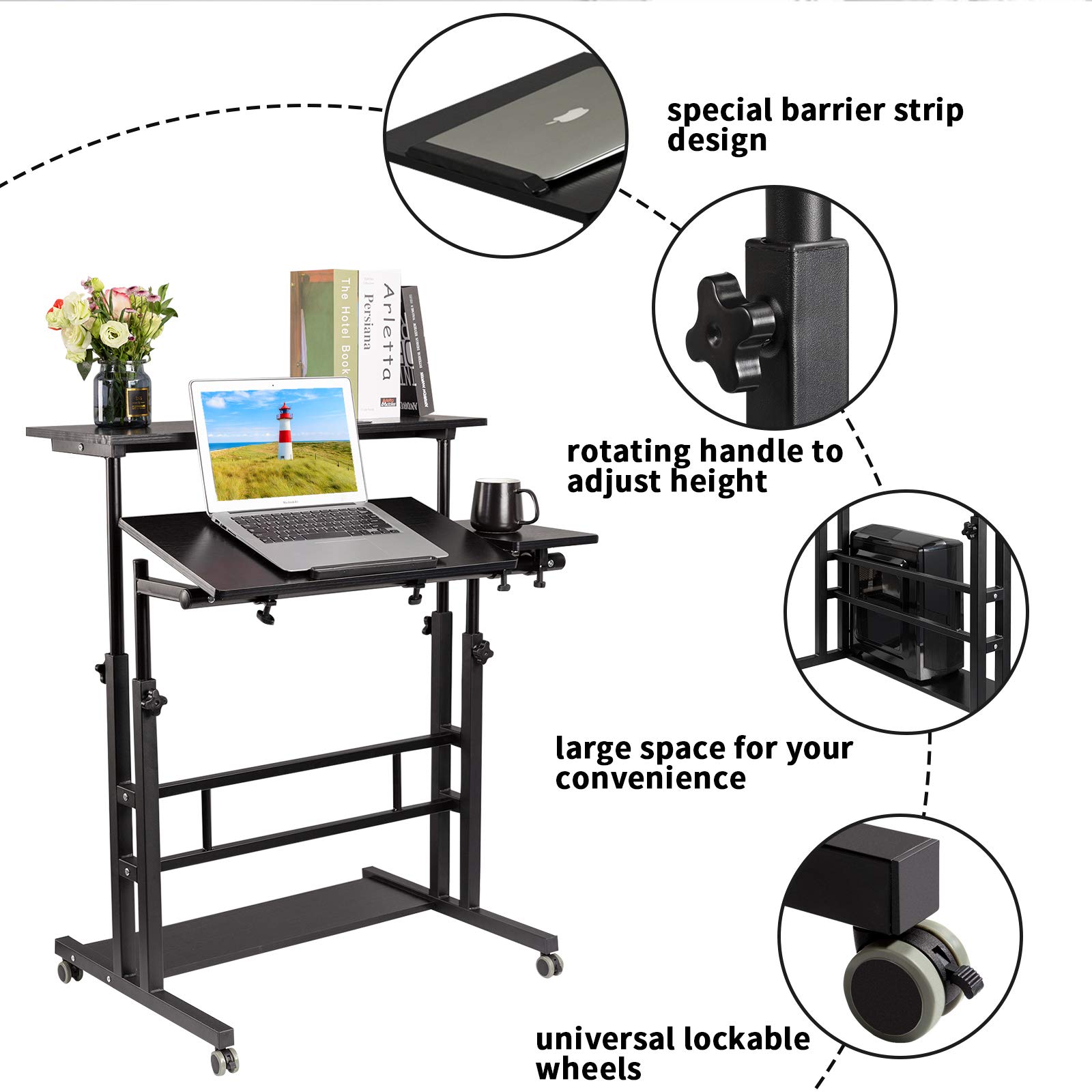 Hadulcet Mobile Standing Desk, Rolling Table Adjustable Computer Desk, Stand Up Laptop Desk Mobile Workstation for Home Office Classroom with Wheels, 31.49 x 23.6 in Light Grey
