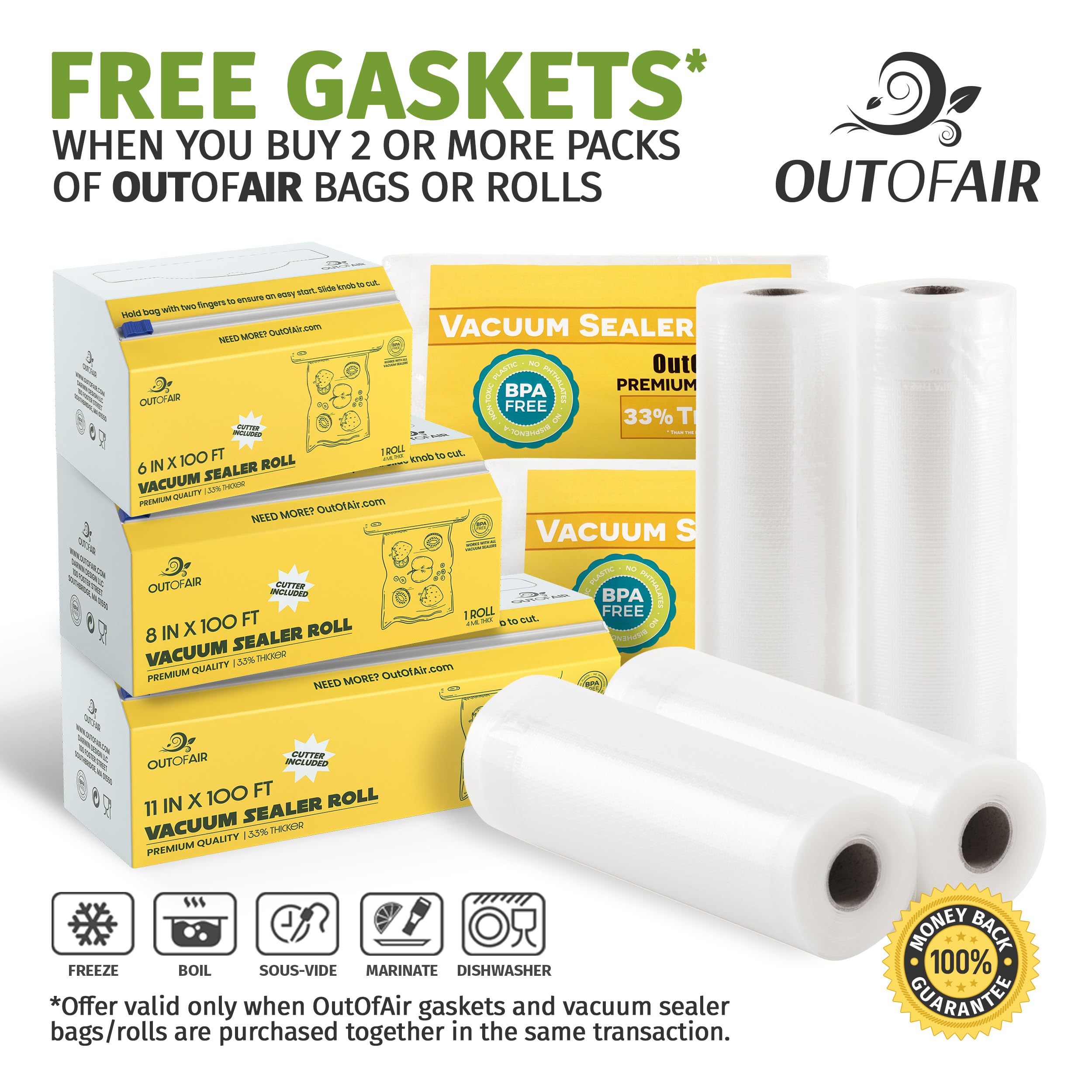 11" x 25' Rolls (Fits Inside Machine) - 4 Pack (100 feet total) OutOfAir Vacuum Sealer Rolls. Works with FoodSaver Vacuum Sealers. 33% Thicker, BPA Free, Sous Vide, Commercial Grade