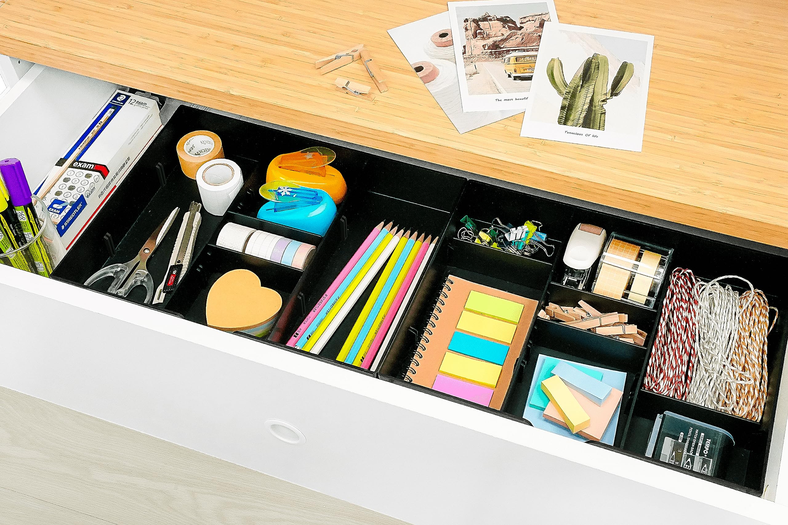 CAXXA 3 Slot Drawer Organizer with Two Adjustable Dividers - Junk Drawer Storage for Office Desk Supplies and Accessories, Black (1 Pack)
