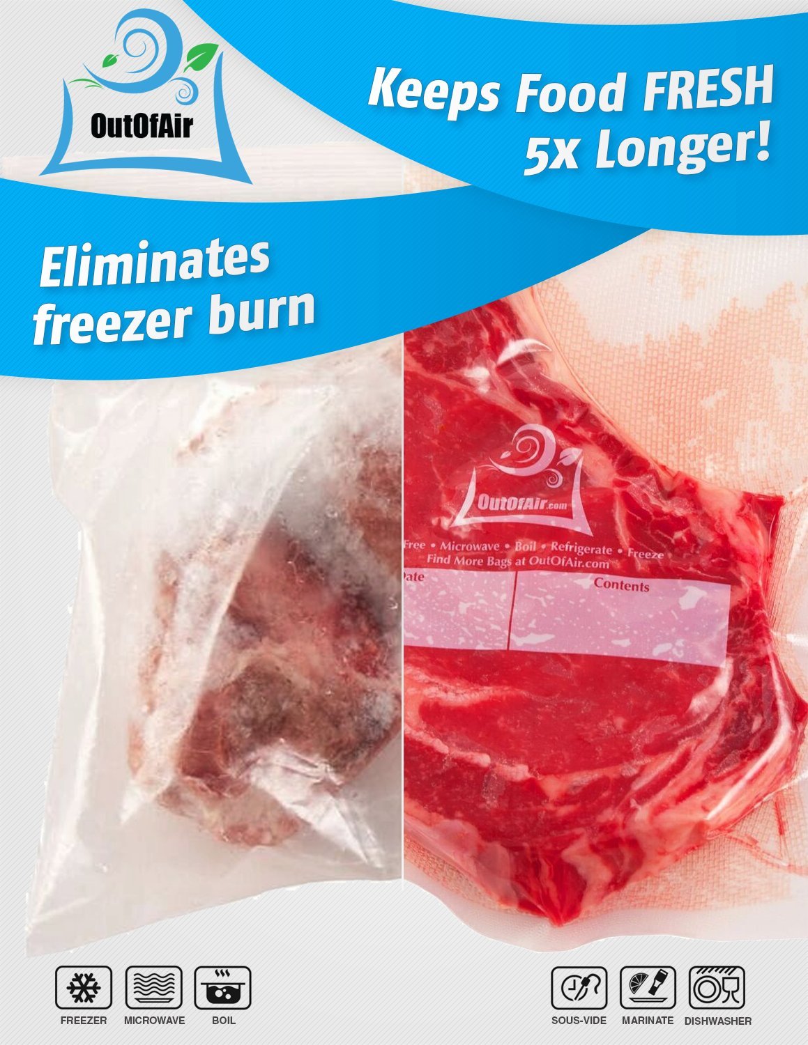 11" x 25' Rolls (Fits Inside Machine) - 4 Pack (100 feet total) OutOfAir Vacuum Sealer Rolls. Works with FoodSaver Vacuum Sealers. 33% Thicker, BPA Free, Sous Vide, Commercial Grade