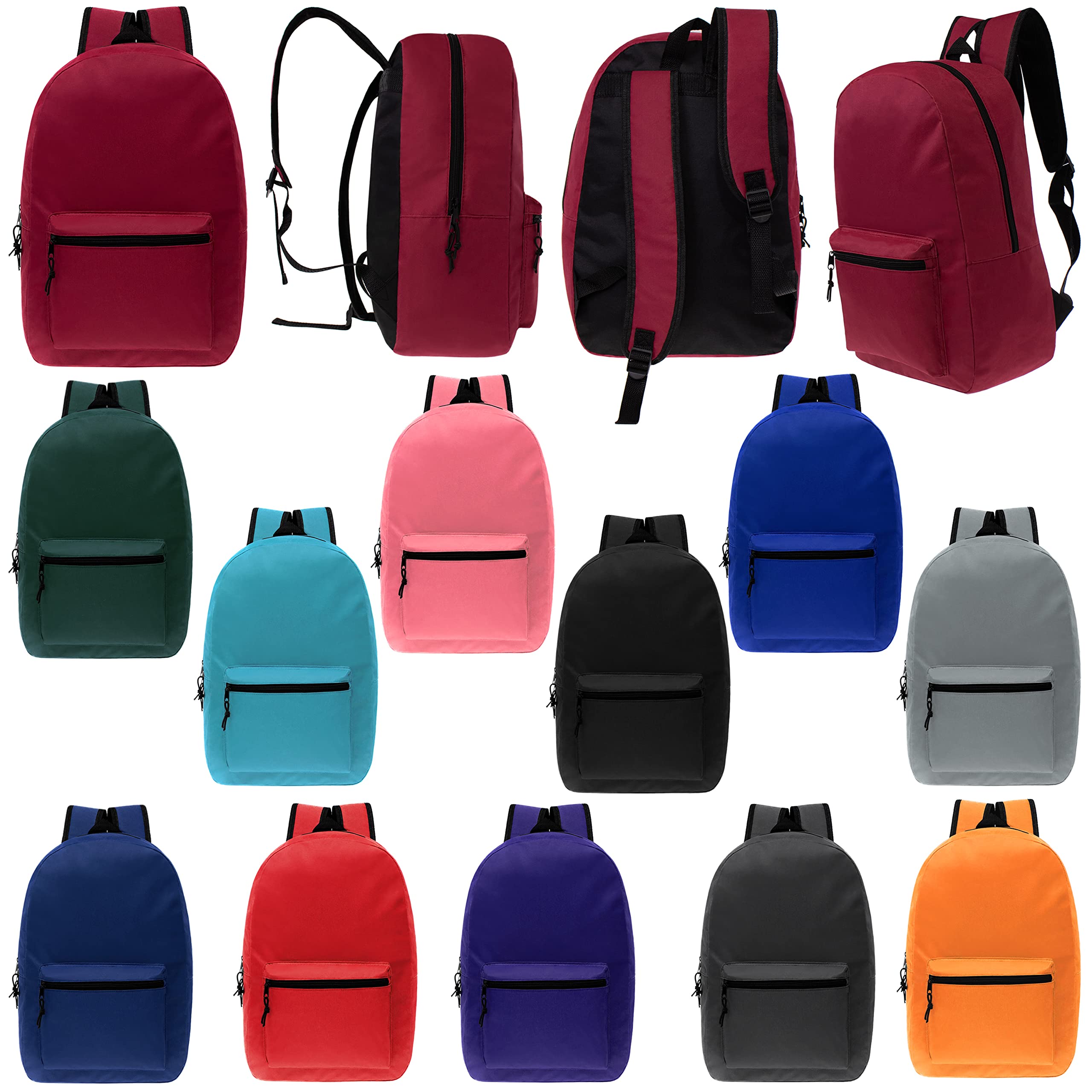 Moda West 15 Inch Bulk Backpacks in 12 Assorted Colors with 22 Piece School Supply Kits - Wholesale - Case of 24 Value Bundle Pack