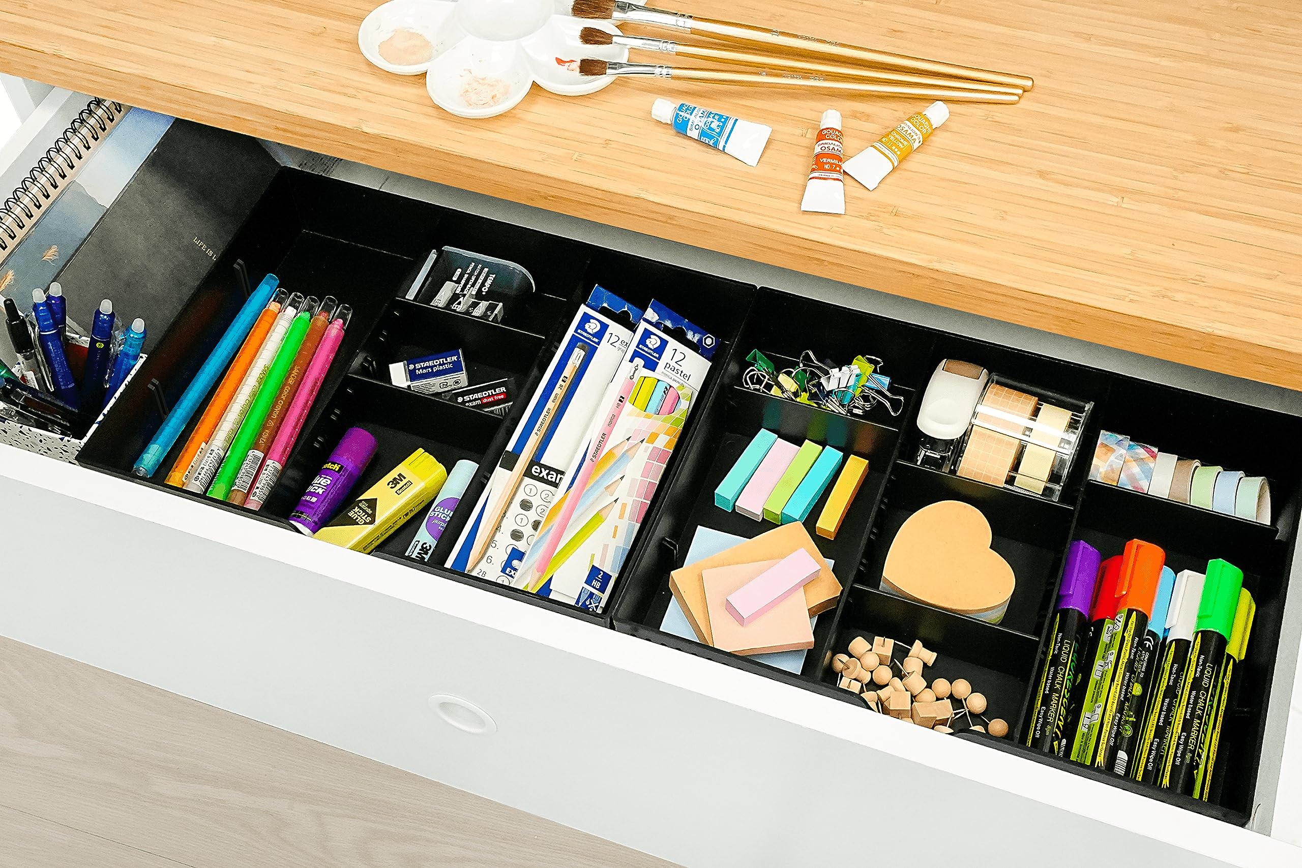 CAXXA 3 Slot Drawer Organizer with Two Adjustable Dividers - Junk Drawer Storage for Office Desk Supplies and Accessories, Black (1 Pack)
