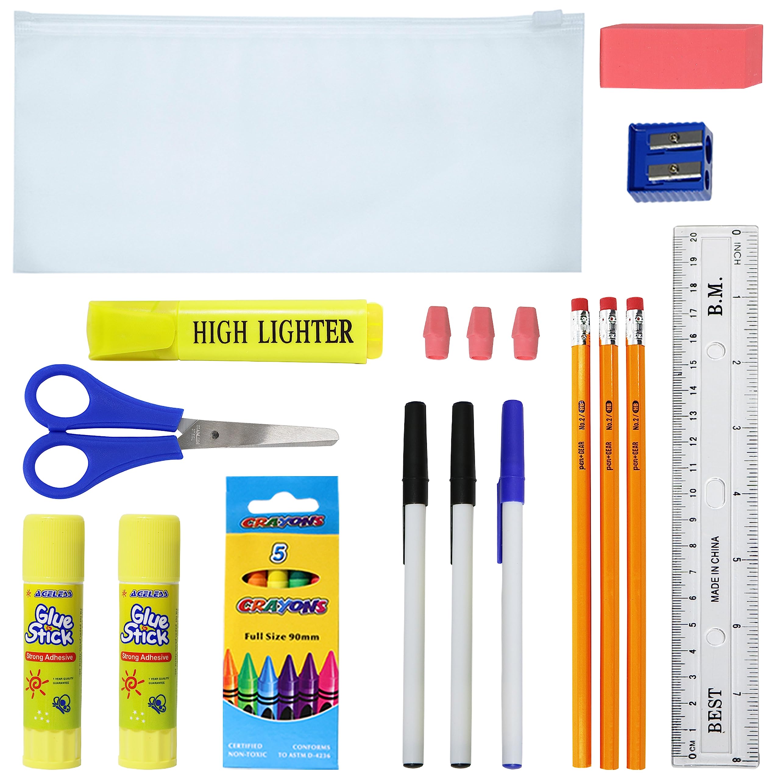 Moda West 15 Inch Bulk Backpacks in 12 Assorted Colors with 22 Piece School Supply Kits - Wholesale - Case of 24 Value Bundle Pack