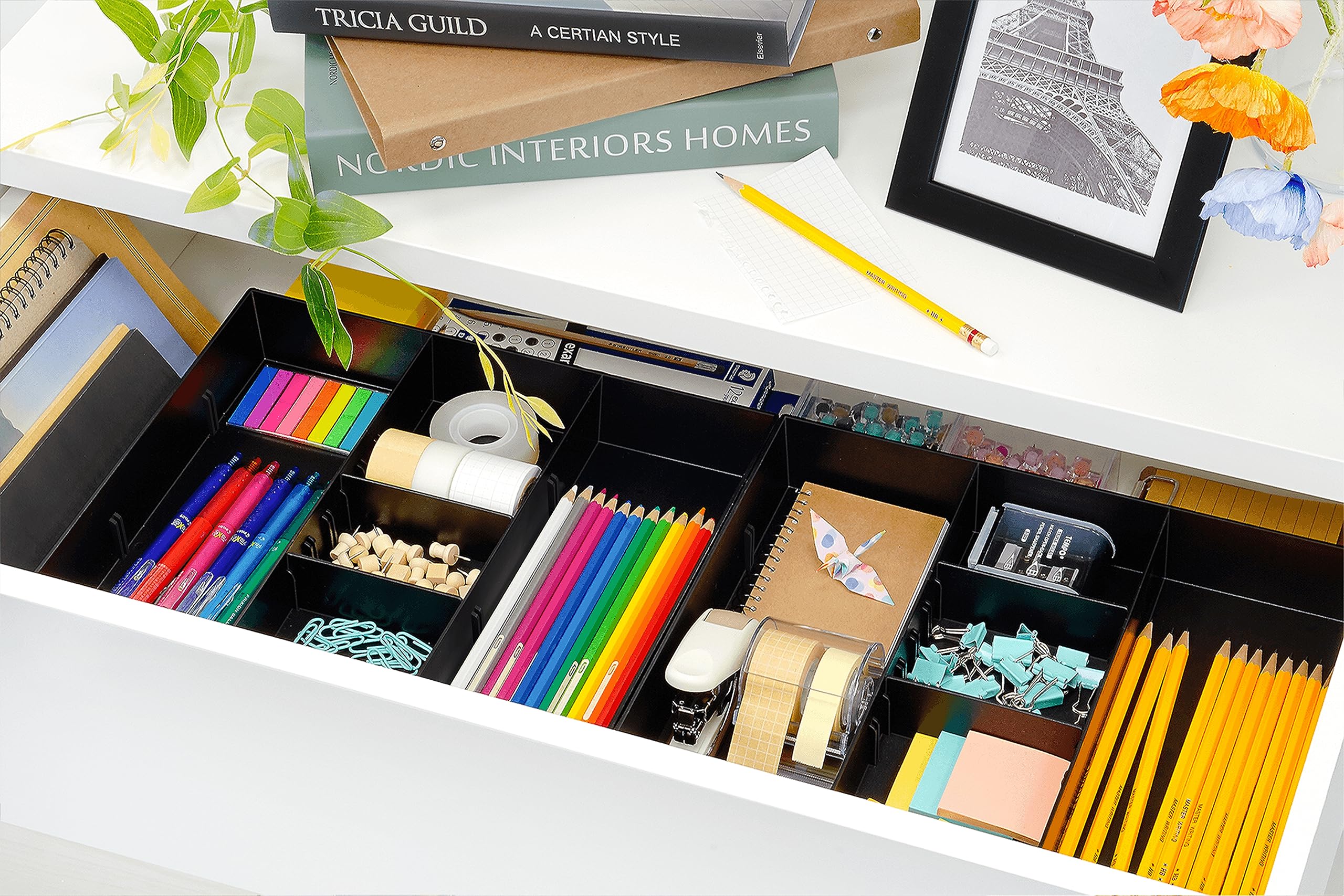 CAXXA 3 Slot Drawer Organizer with Two Adjustable Dividers - Junk Drawer Storage for Office Desk Supplies and Accessories, Black (1 Pack)