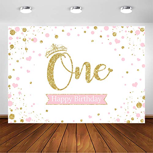 Avezano 1st Birthday Backdrop for Girl Pink and Gold Princess Birthday Party Photoshoot Crown Glitter Confetti Baby First One Happy Birthday Party Decorations Background (7x5ft, Pink and Gold)