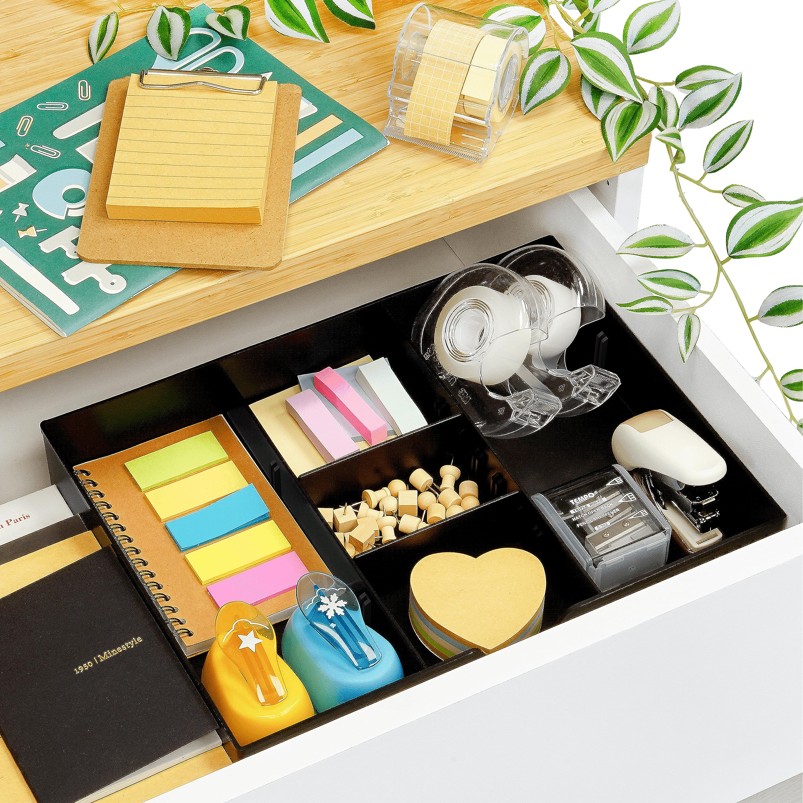 CAXXA 3 Slot Drawer Organizer with Two Adjustable Dividers - Junk Drawer Storage for Office Desk Supplies and Accessories, Black (1 Pack)
