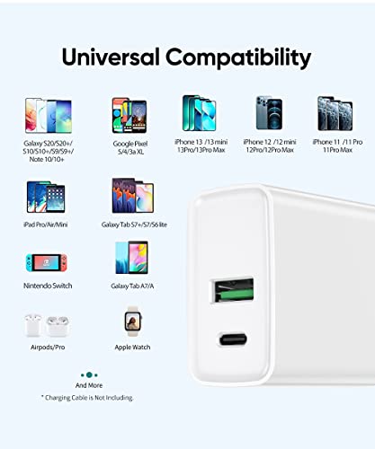 USB C Wall Charger, Dual Port 20W PD & QC 3.0 Fast Charging Block Plug Adapter Type C USB Charger Brick Compatible with iPhone 14/13/ 13 Pro Max/12/11 Pro Max, iPhone Xs/XR/X, Galaxy, Android