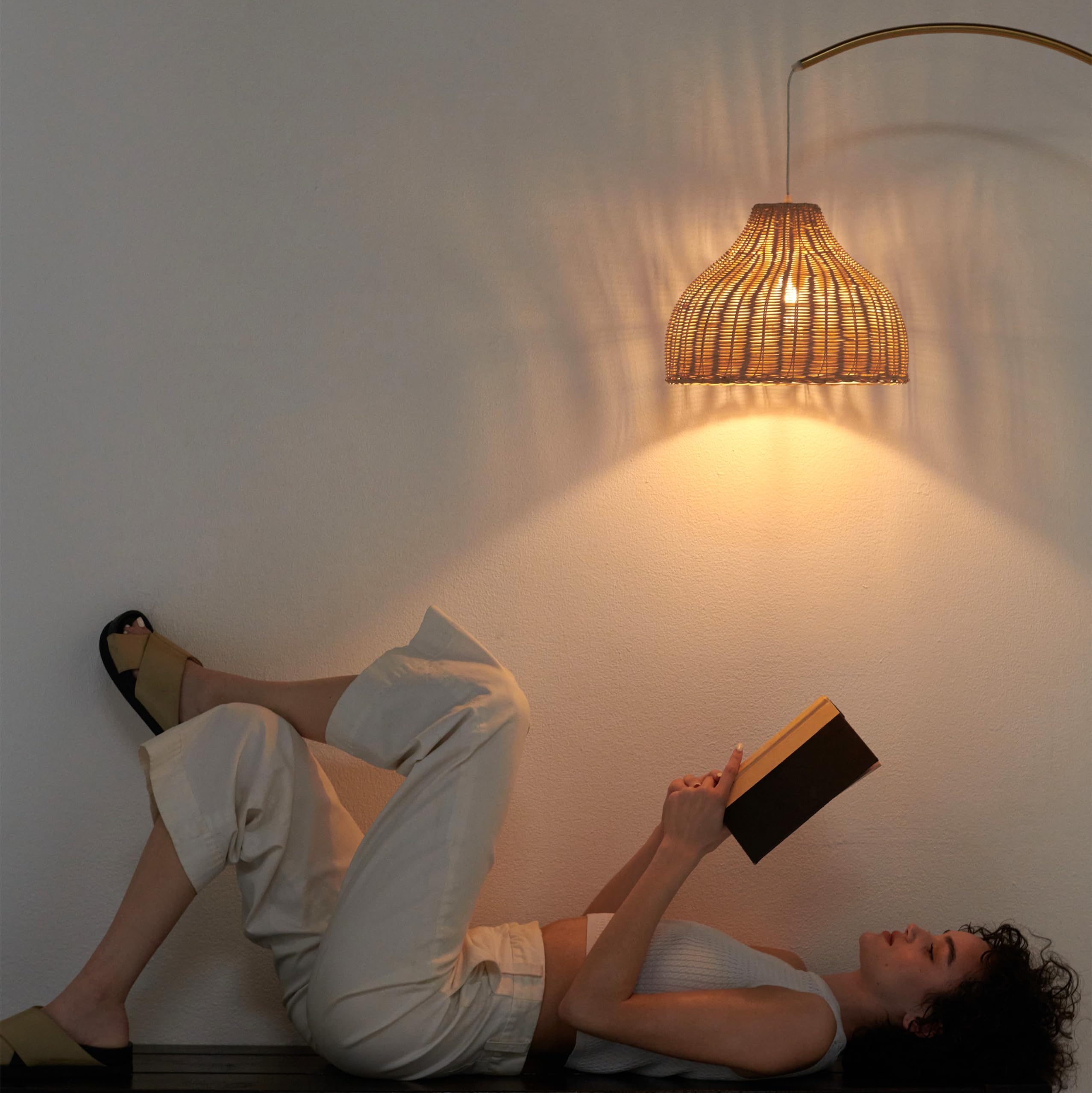Brightech Lark Arc Lamp for Living Rooms & Offices, Floor Lamp with Unique Hanging Wicker Shade, Standing Lamp for Bedroom Reading, Tall Lamp Matches Boho and Other Living Room Decor