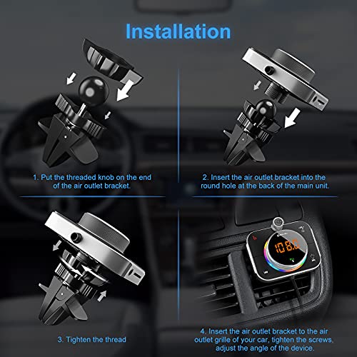 Bluetooth Car Adapter, SONRU QC3.0+PD Bluetooth FM Transmitter for Car Radio [Adjustable Microphone & Bass] [Air Vent Install] Hands-Free Call AUX Bluetooth Receiver for Car, SD Card Slot/Siri
