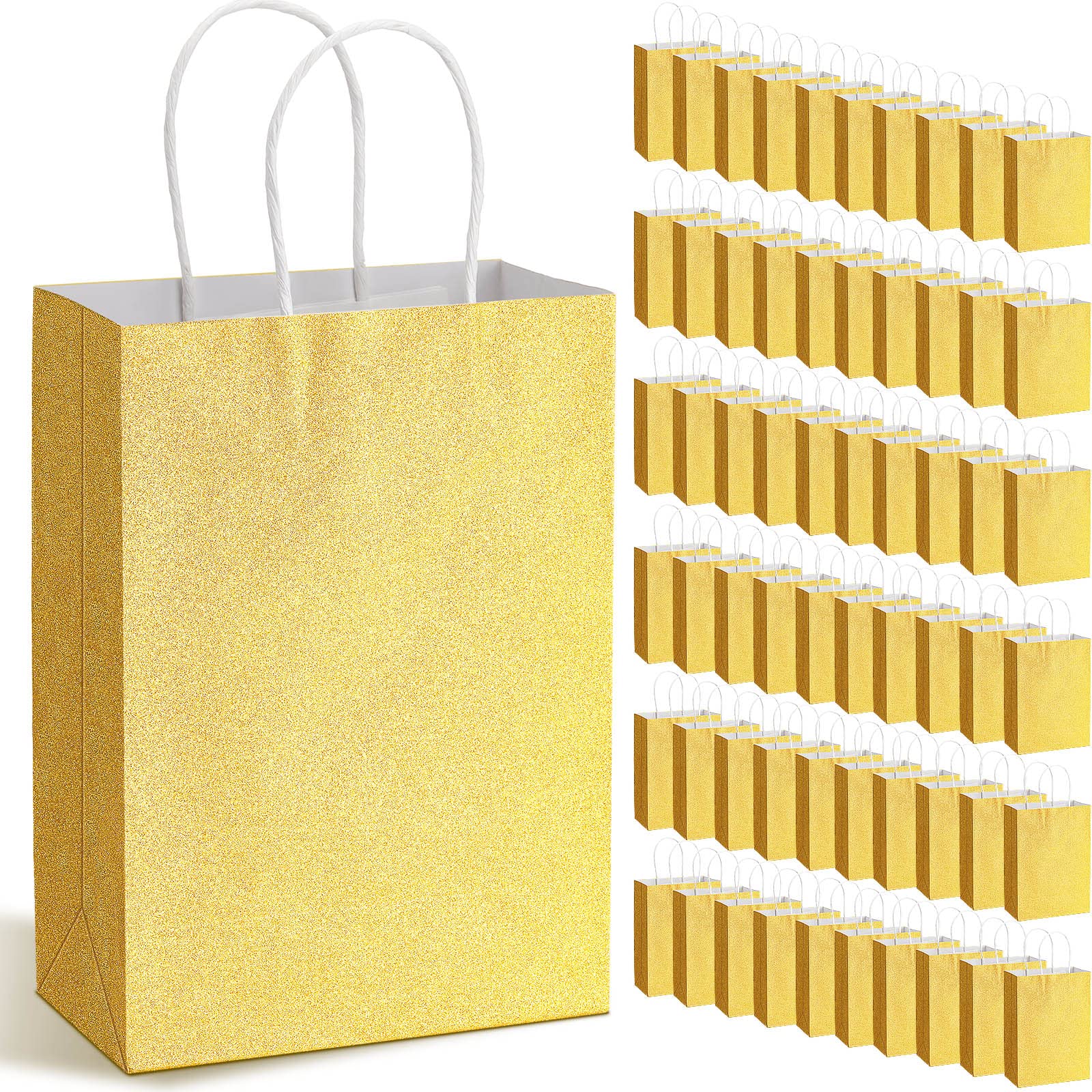 60 Pcs Small Gift Bags Valentines Day Paper Gift Bags Glitter Kraft Bag Reusable Gift Bag with Handle Bridal Shower Favor Bags Bulk Goodie Bags for Wedding, Birthday, Bridesmaids,8.2*5.9*3.1 (Gold)
