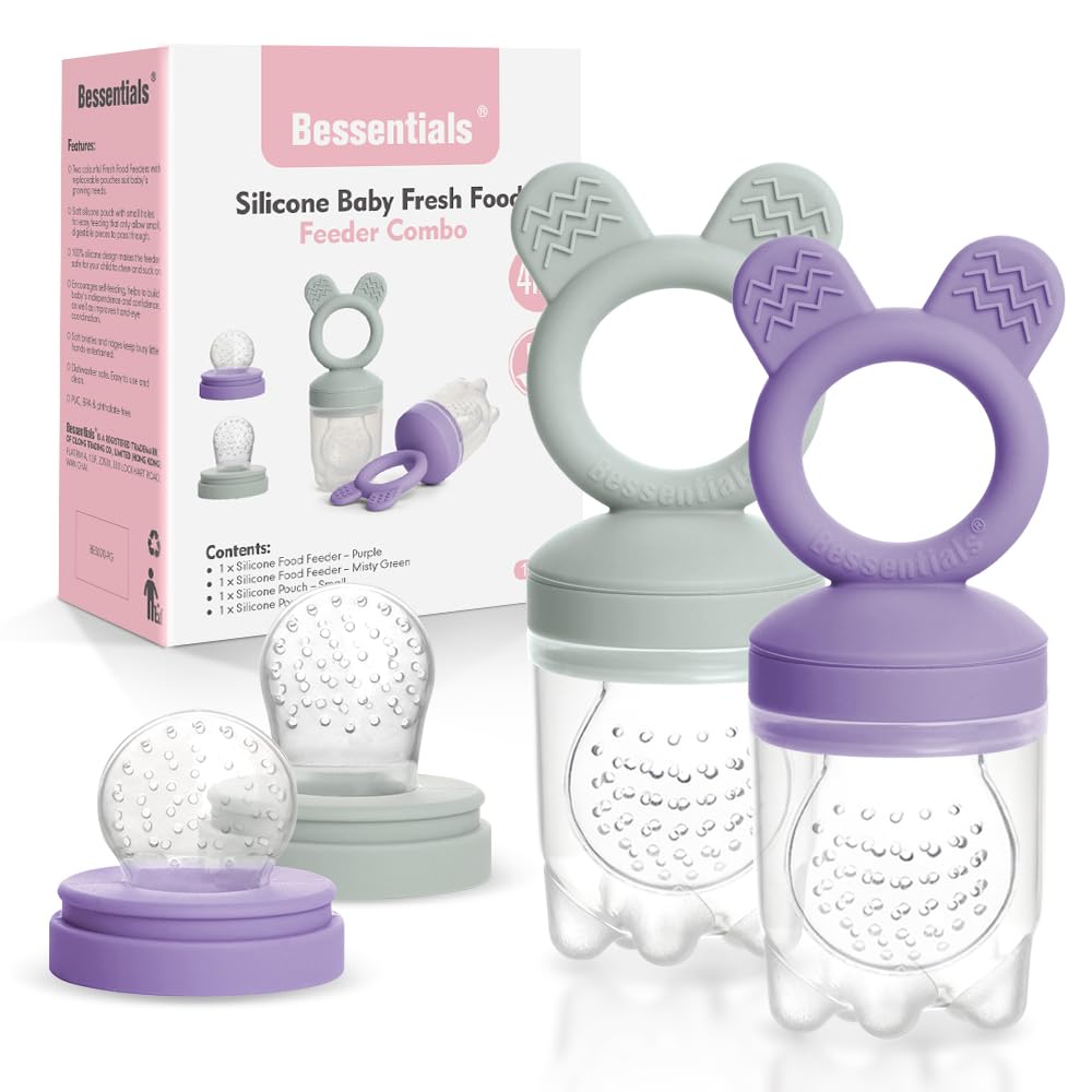 Baby Fruit Food Feeder Pacifier - 2 Packs Silicone Fresh Fruit Feeder BPA Free [S M L Size Silicone Food Pouches Included] (Blue&Pink)